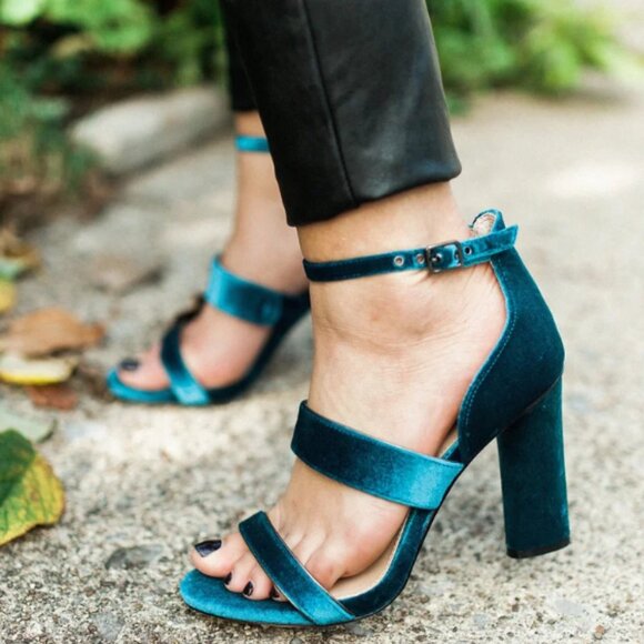 FSJ | Shoes | Fsj Teal Velvet Prom Shoes Open Toe Ankle Strap Block ...